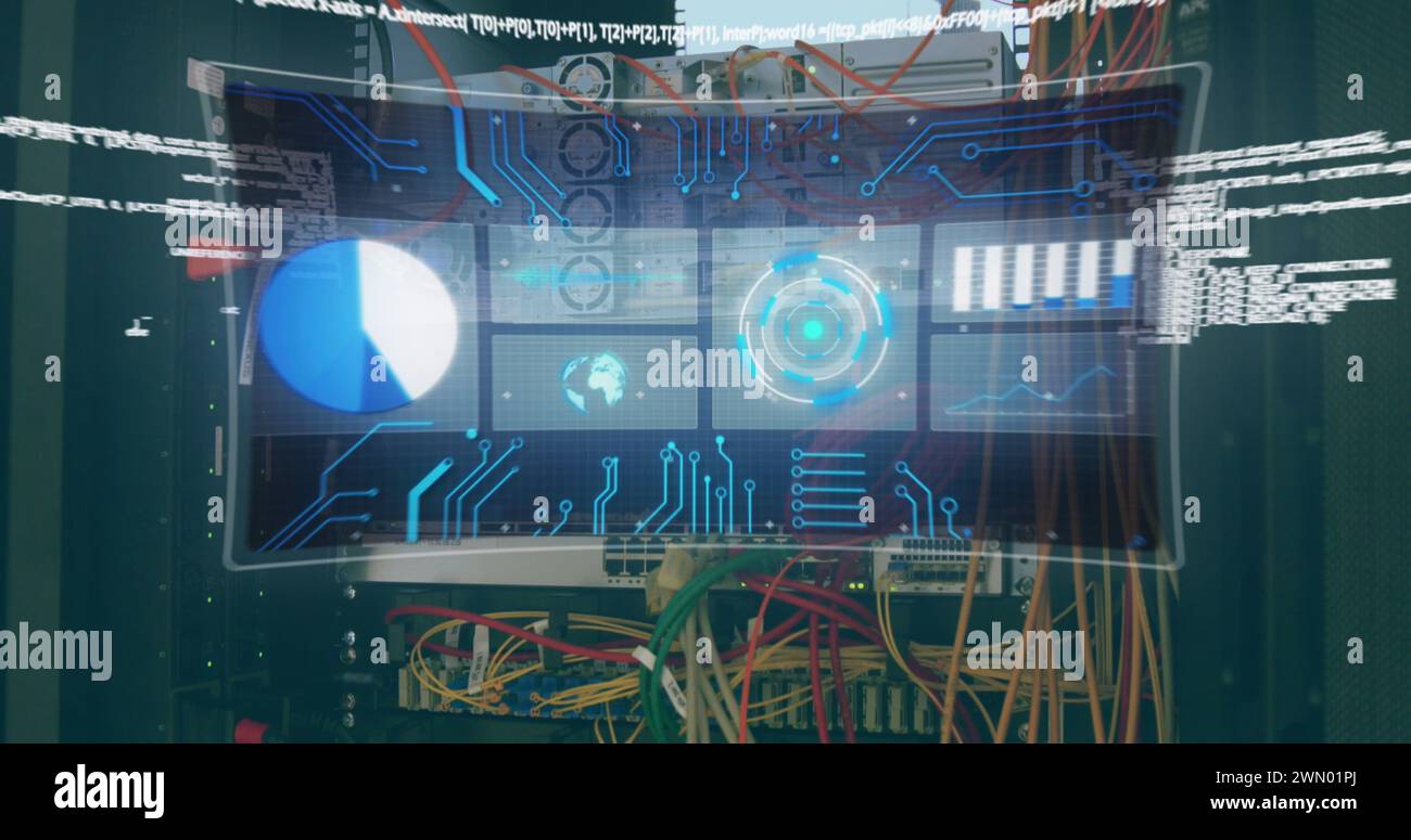 Image of globe and data processing on screen over computer wires Stock Photo - Alamy