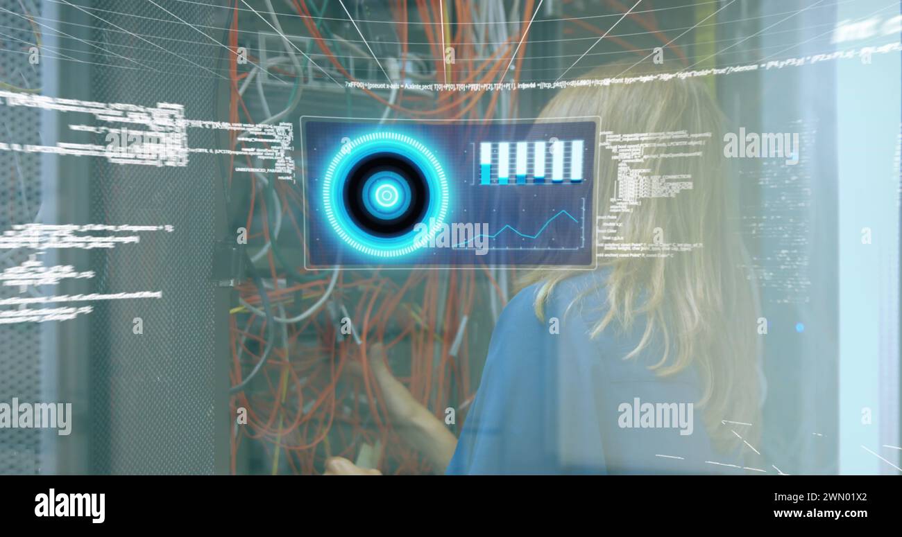 Image of data processing on screen over computer wires Stock Photo - Alamy