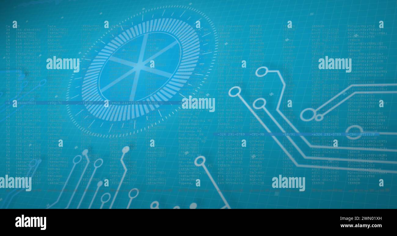 Image of data processing and integrated circuit on blue digital screen ...