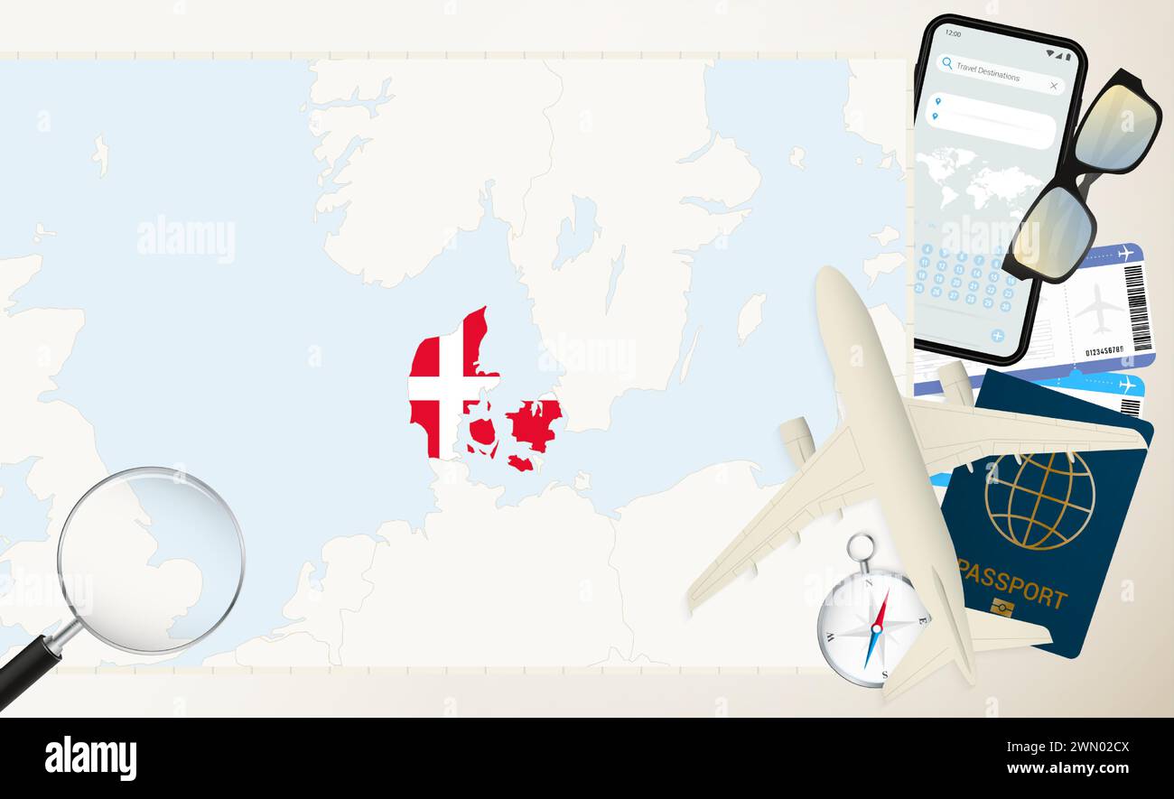 Denmark map and flag, cargo plane on the detailed map of Denmark with flag, passport, magnifying ...