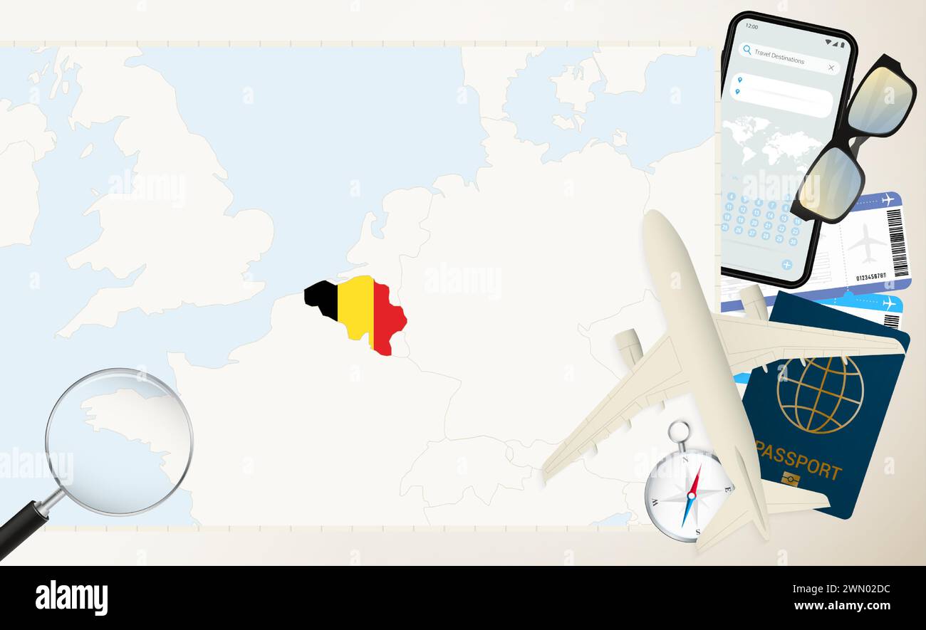 Belgium map and flag, cargo plane on the detailed map of Belgium with flag, passport, magnifying ...