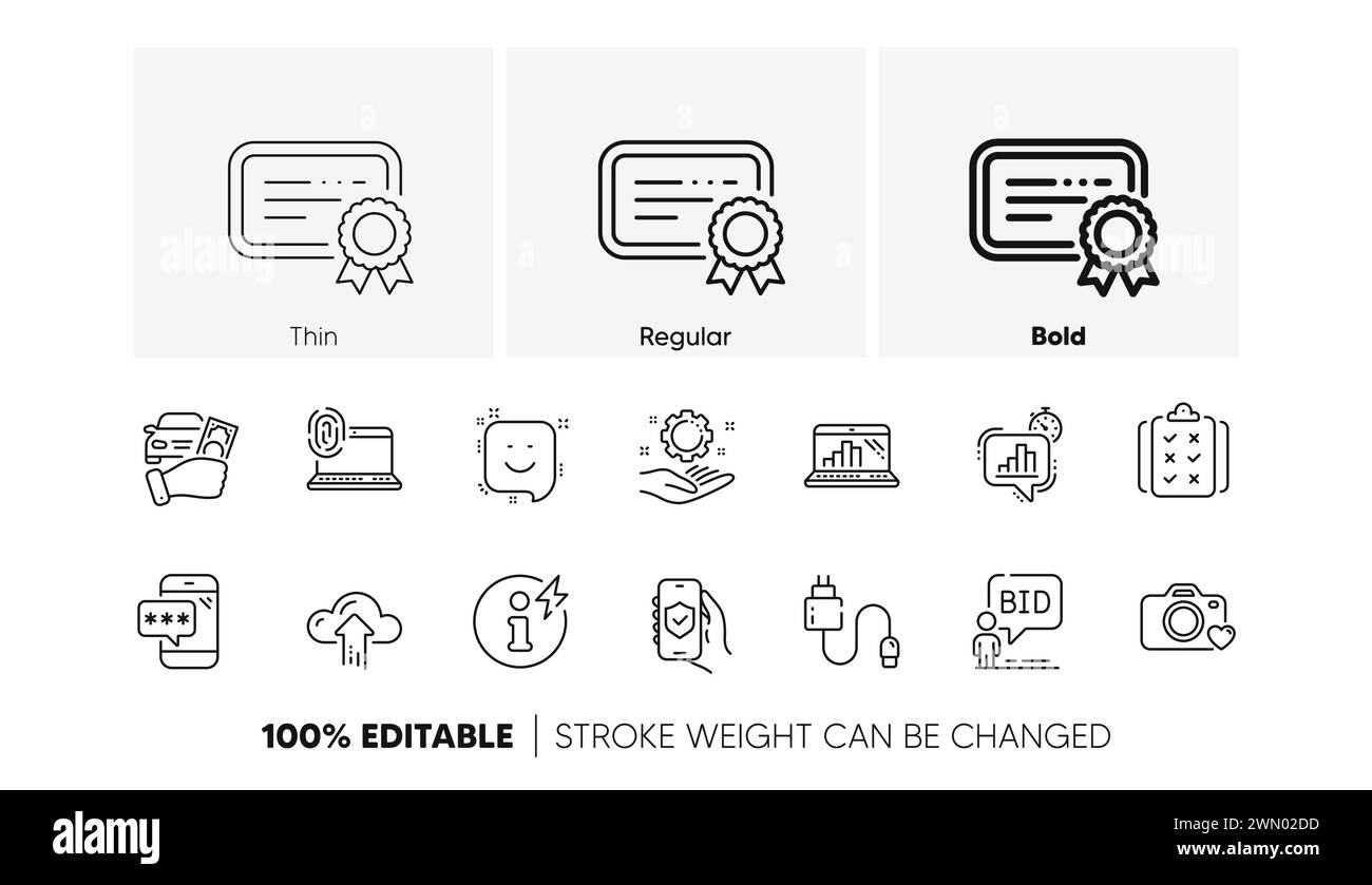 Power info, Cloud upload and Auction line icons. For web app, printing. Line icons. Vector Stock ...