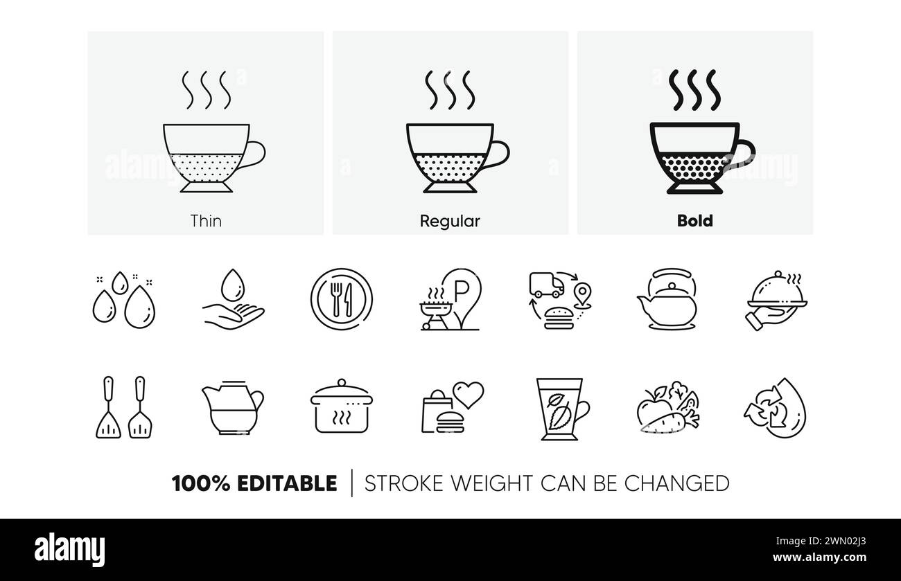 Cooking cutlery, Boiling pan and Food donation line icons. For web app ...