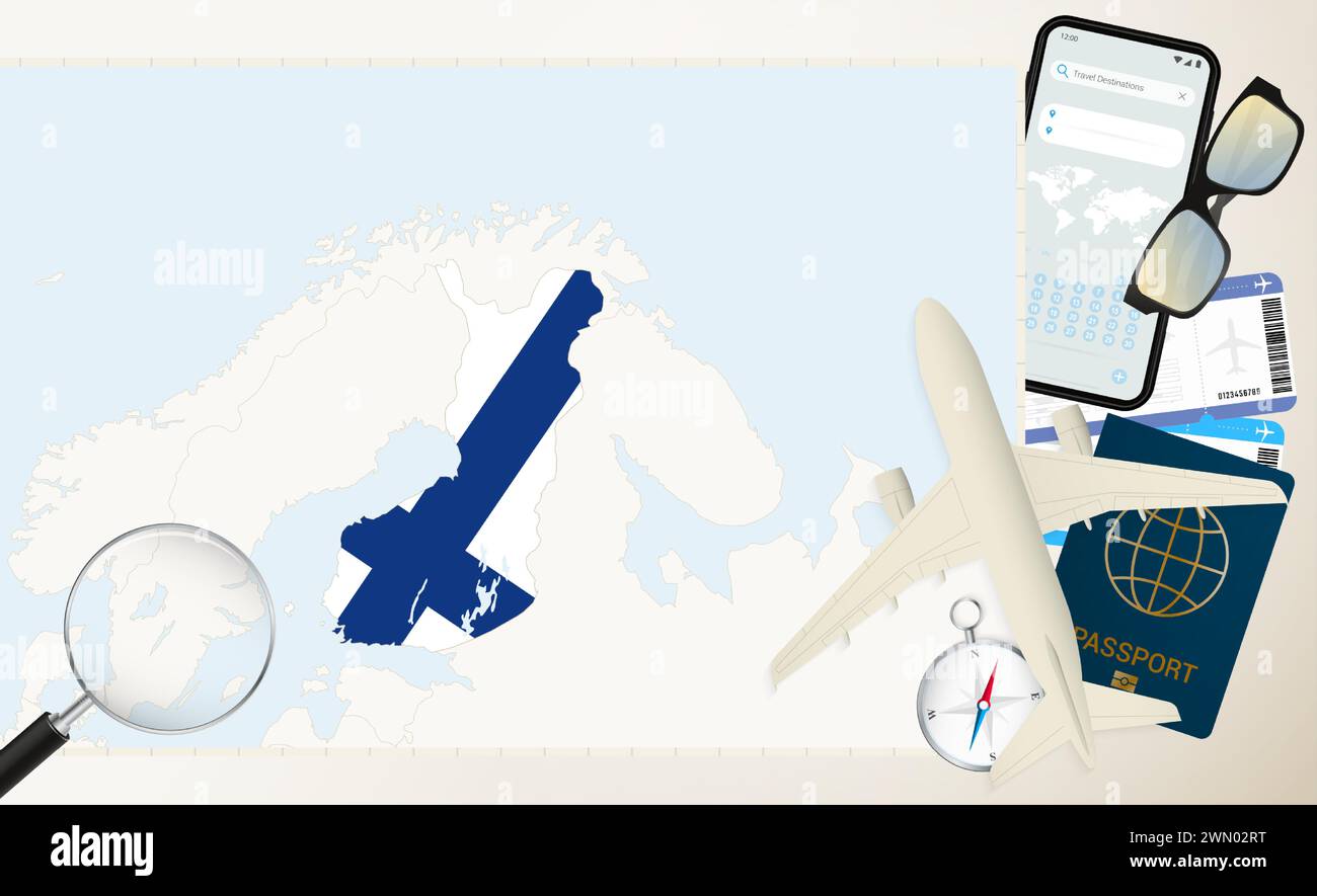 Finland map and flag, cargo plane on the detailed map of Finland with ...