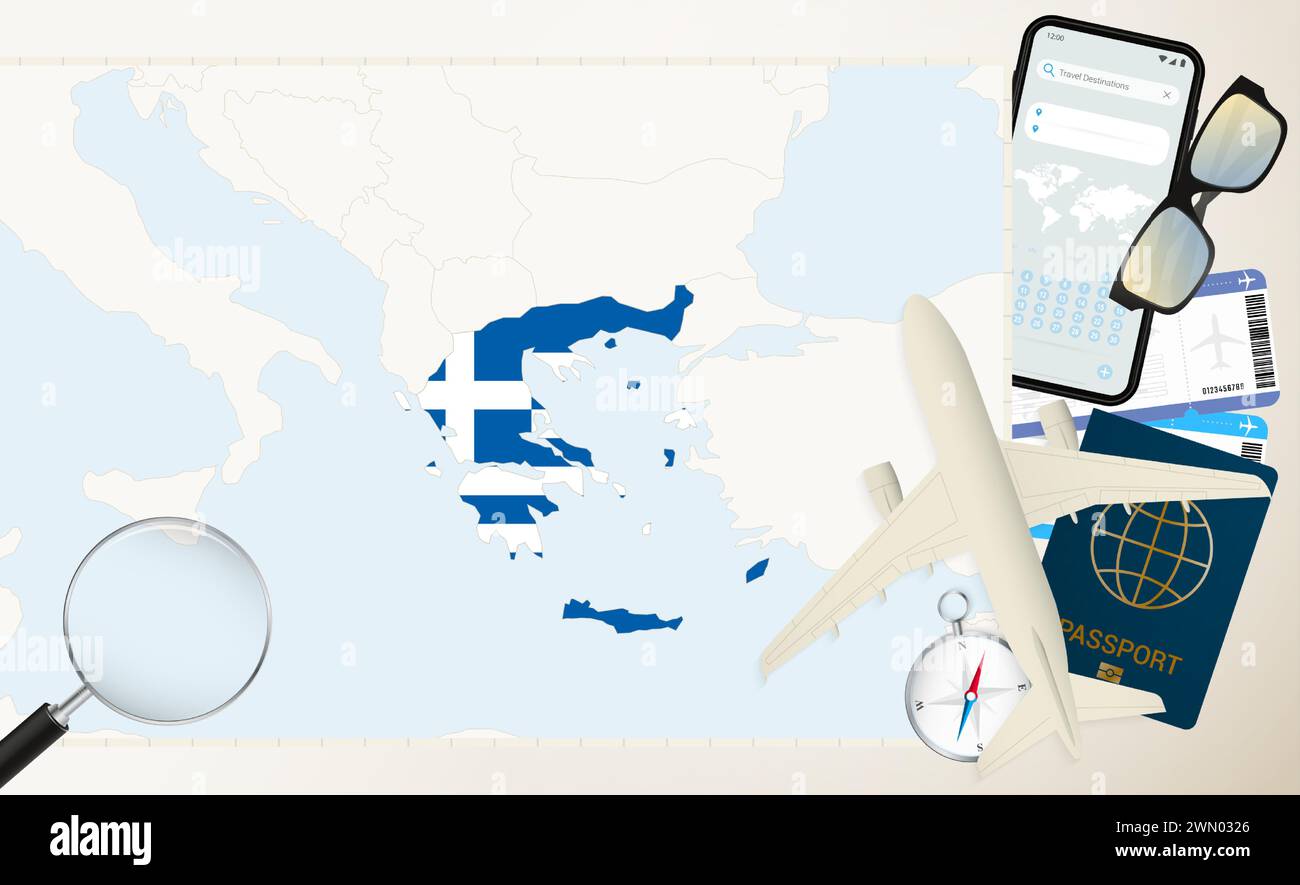 Greece map and flag, cargo plane on the detailed map of Greece with ...