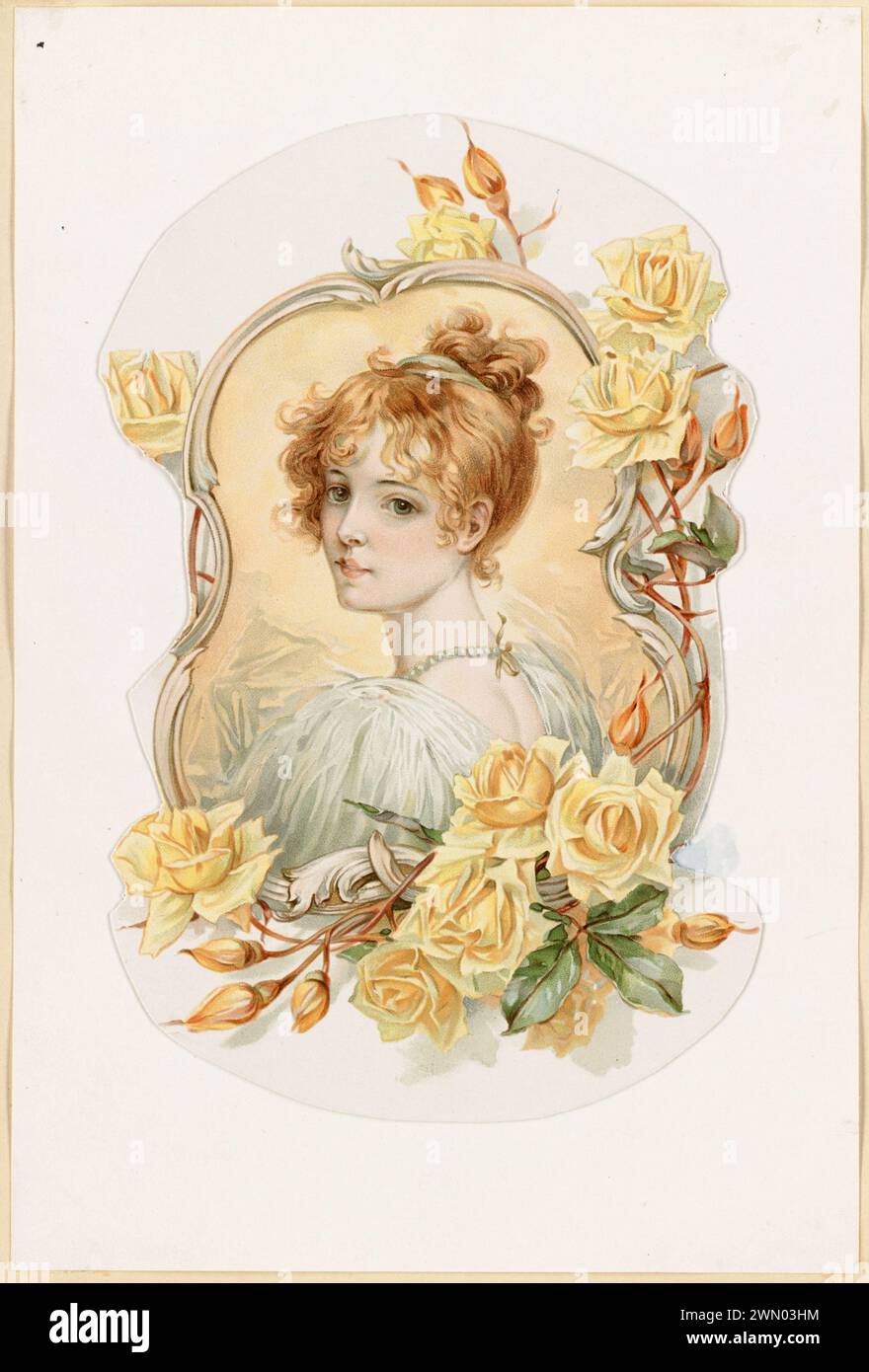 Woman's portrait enframed with yellow roses. Woman's portrait enframed ...
