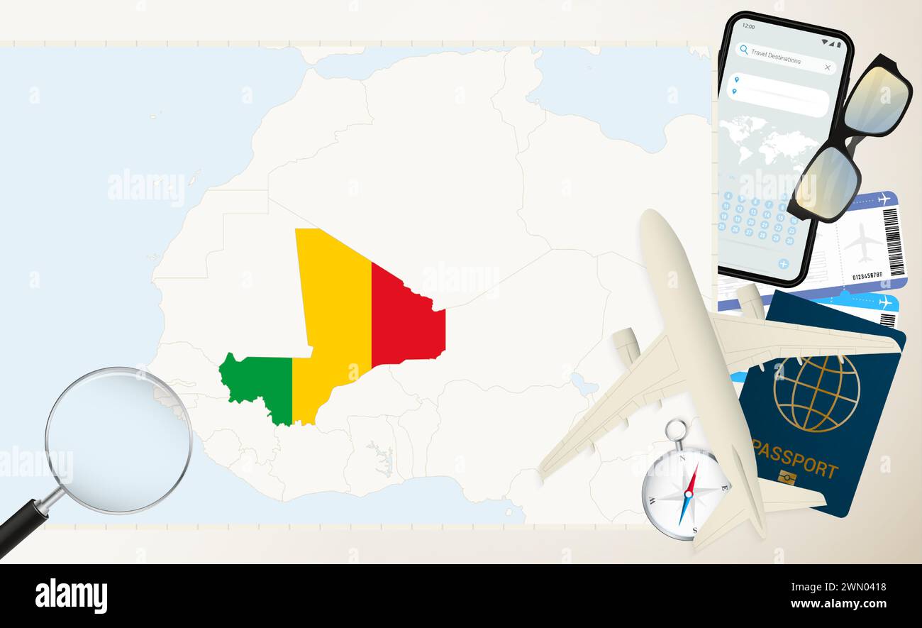 Mali map and flag, cargo plane on the detailed map of Mali with flag, passport, magnifying glass ...