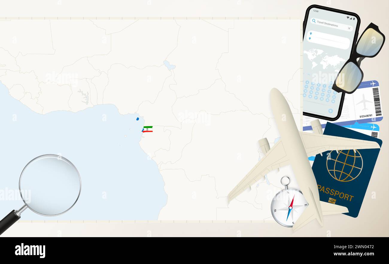 Equatorial Guinea map and flag, cargo plane on the detailed map of ...