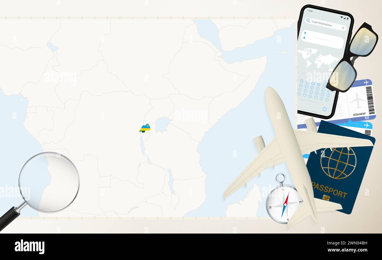 Rwanda map and flag, cargo plane on the detailed map of Rwanda with ...