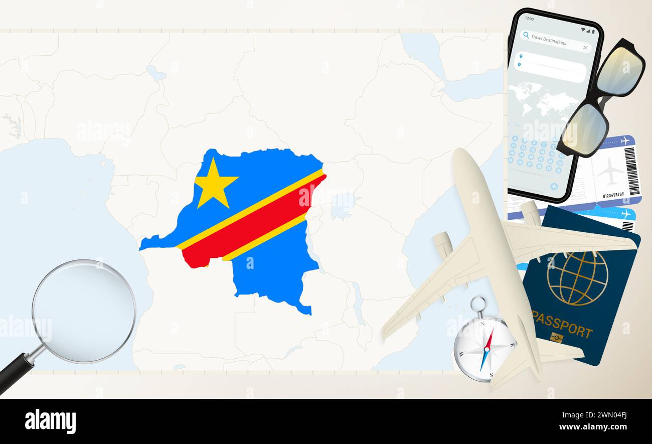 DR Congo map and flag, cargo plane on the detailed map of DR Congo with ...