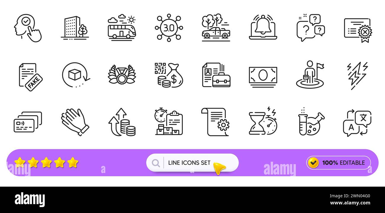 Reject certificate, Lightning bolt and Chemistry lab line icons for web app. Pictogram icon ...