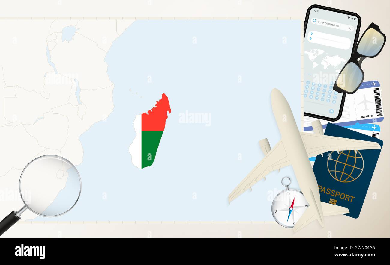 Madagascar map and flag, cargo plane on the detailed map of Madagascar ...