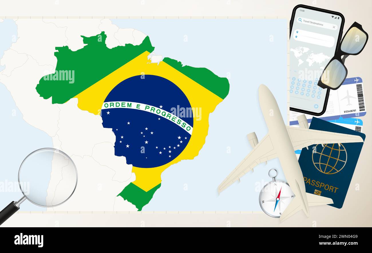 Brazil map and flag, cargo plane on the detailed map of Brazil with ...