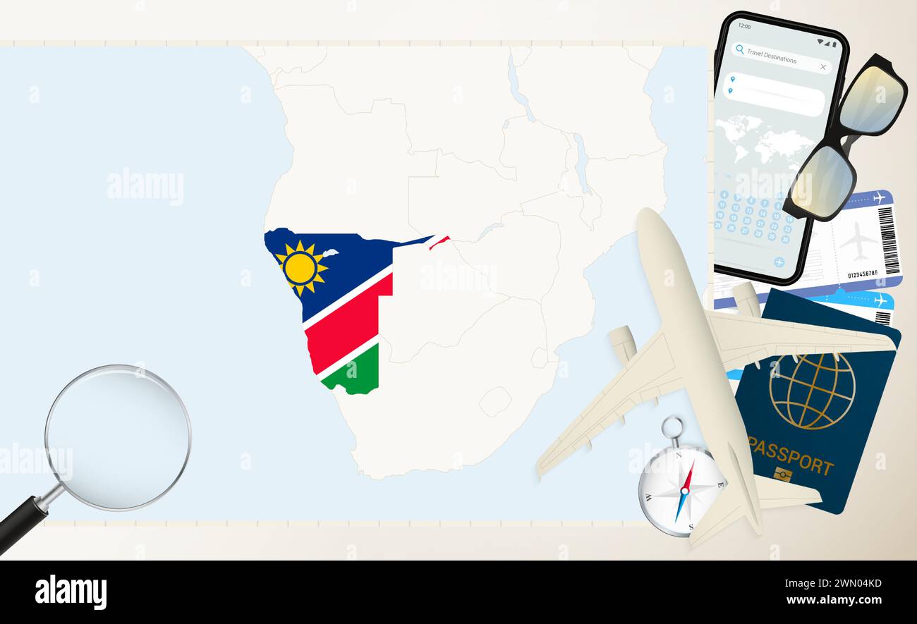 Namibia map and flag, cargo plane on the detailed map of Namibia with flag, passport, magnifying ...