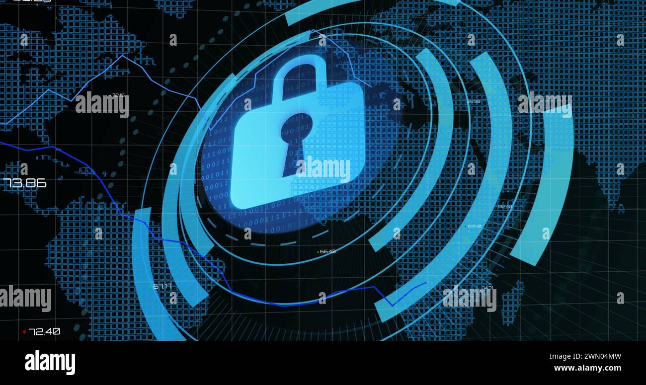 Image of scope scanning with padlock icon and graph over world map on ...