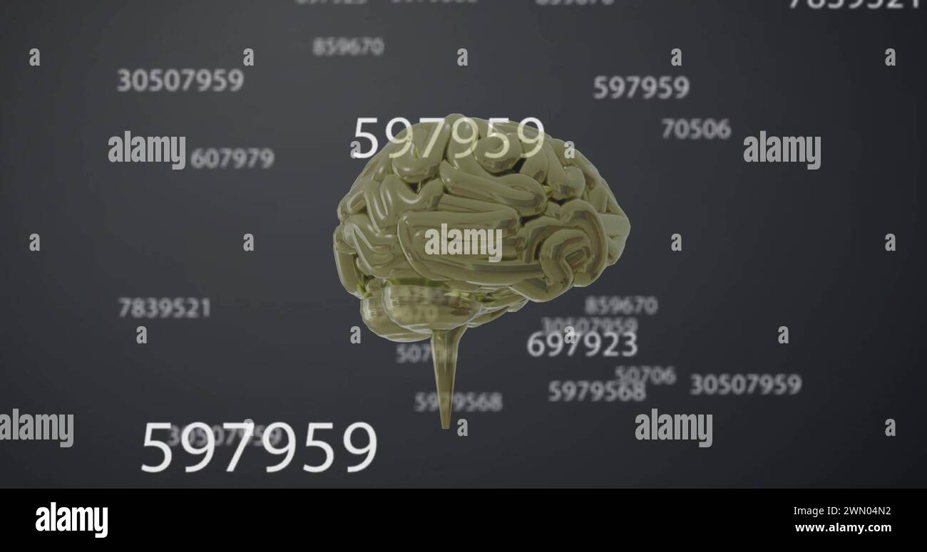 Image of human brain and numbers data processing on grey background ...