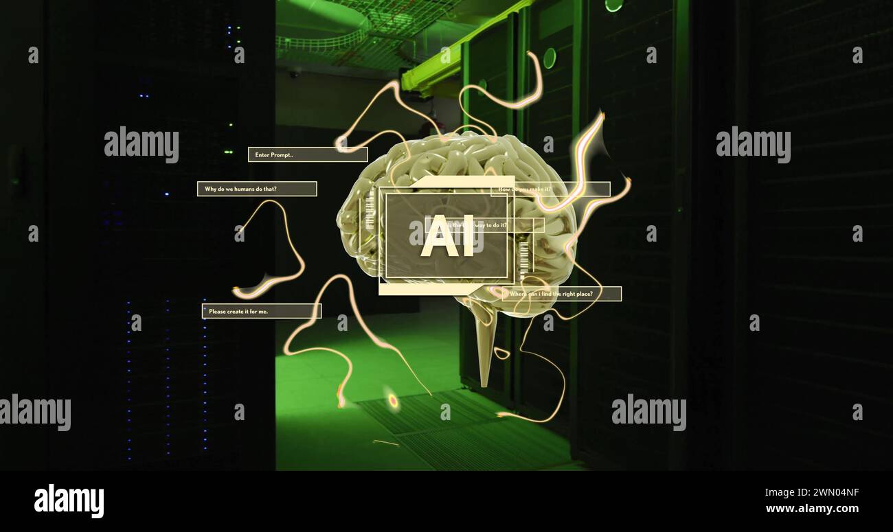Image of ai text with brain and data processing over computer servers Stock Photo - Alamy