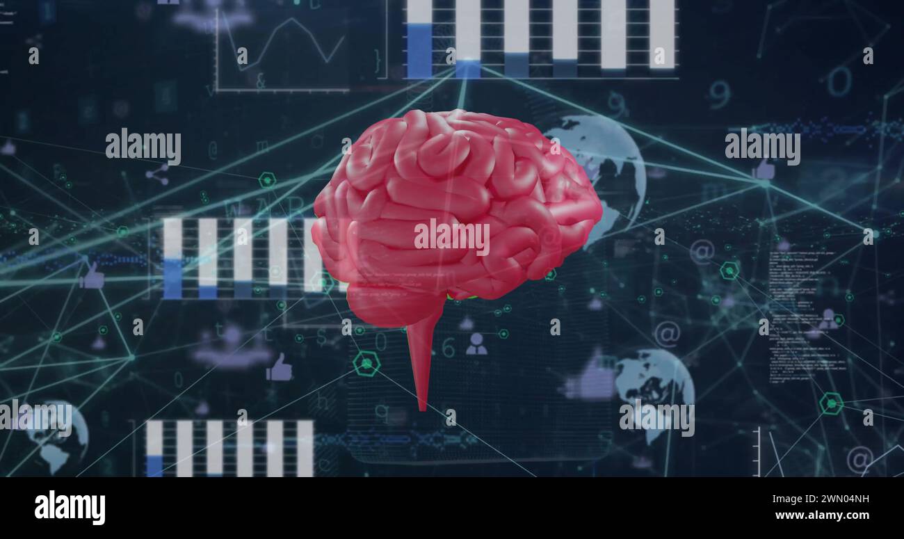 Image of human brain, data processing and statistics over globe Stock ...