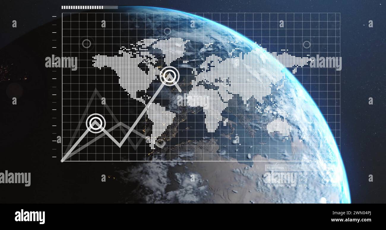 Image of data processing and statistics with world map over globe Stock ...