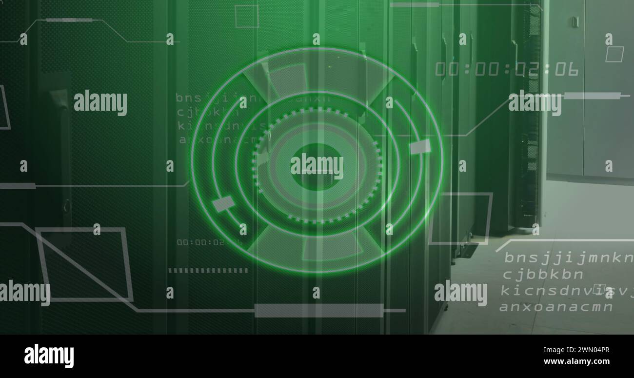 Image of scope scanning with data processing over server room Stock Photo - Alamy