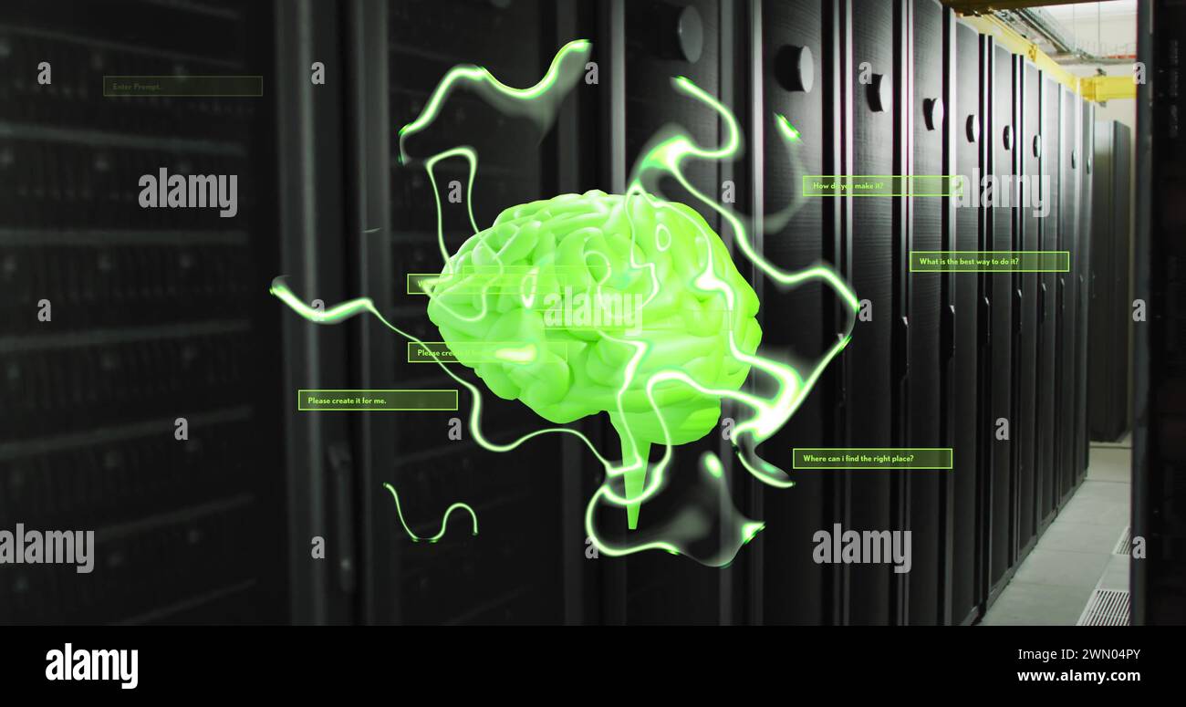 Image of ai text with brain and data processing over computer servers ...