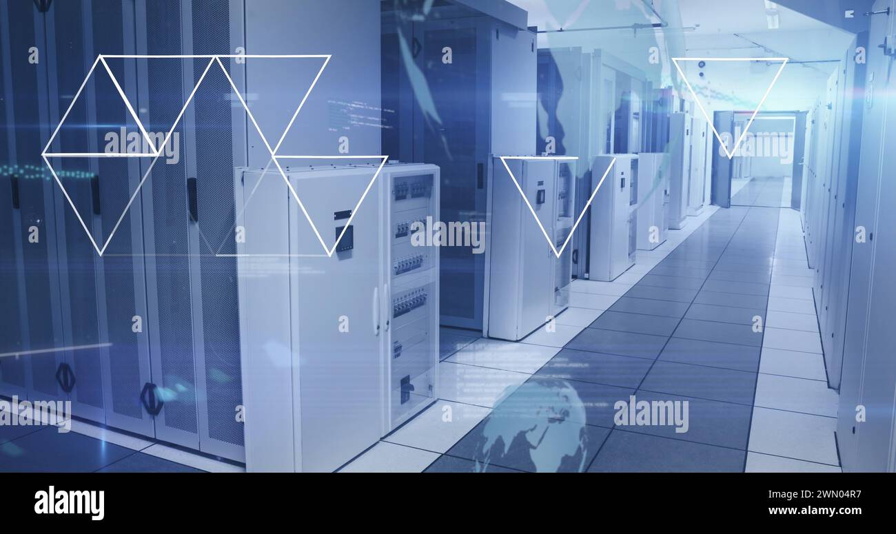Image of data processing and geometrical shapes against computer server ...