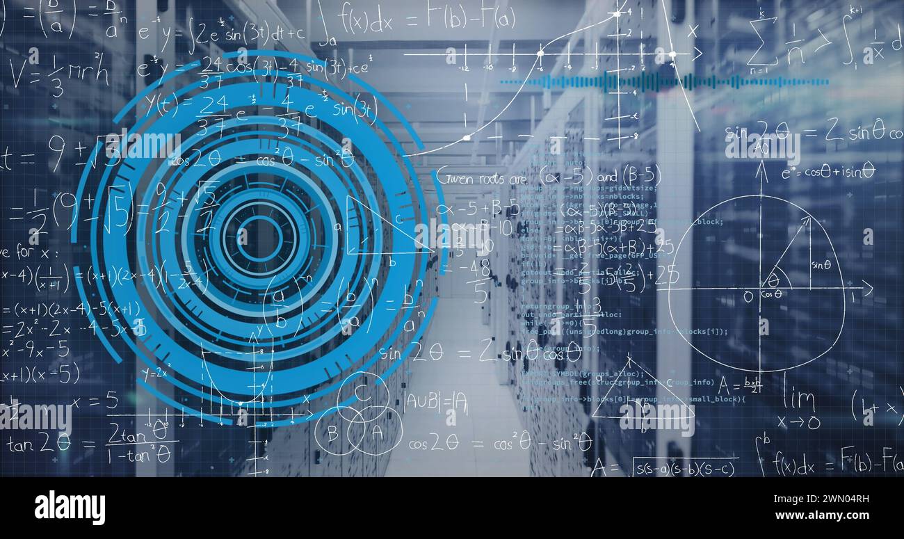 Image of round scanner and mathematical equations against computer server room Stock Photo - Alamy
