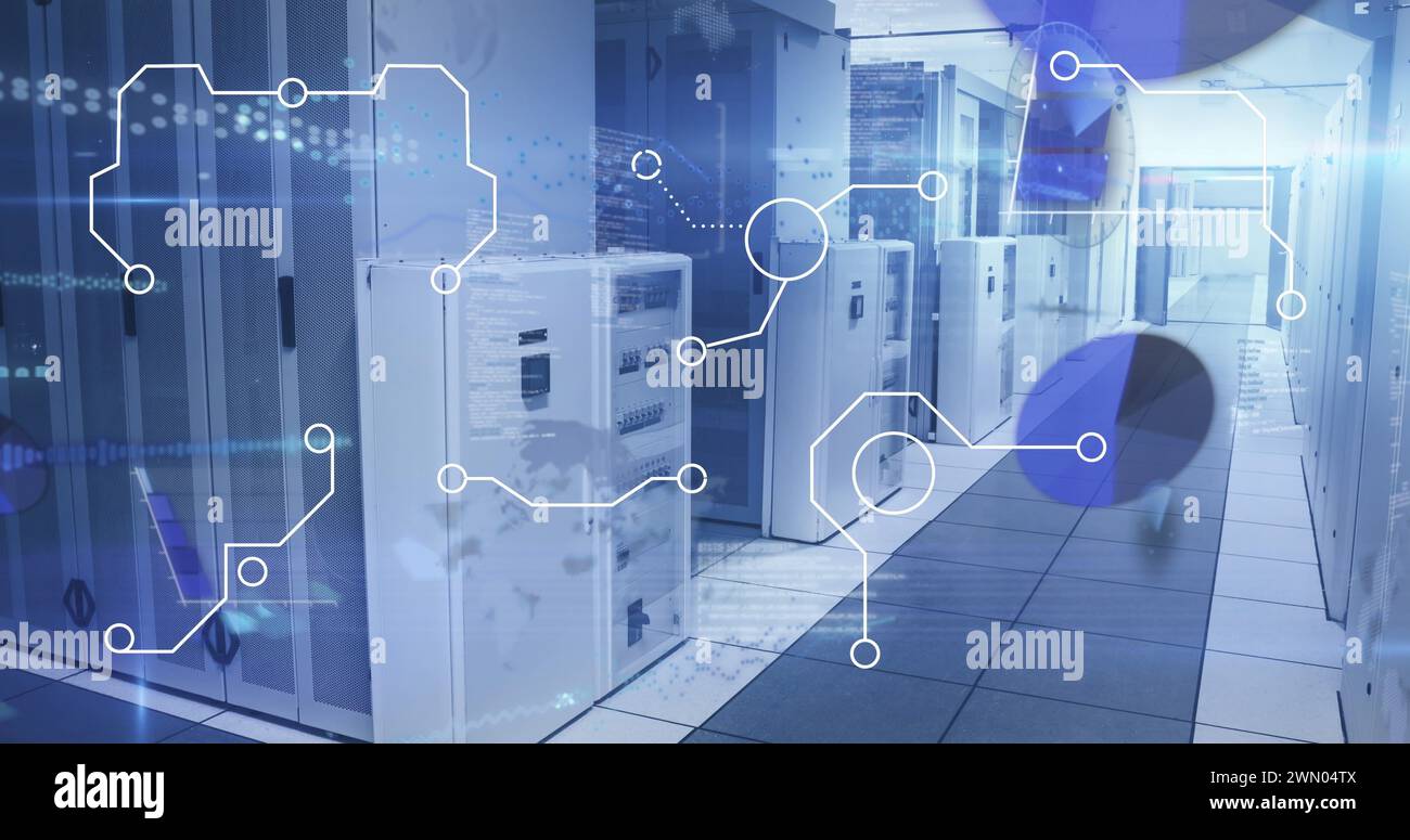 Image of network of connections and icons over server room Stock Photo ...
