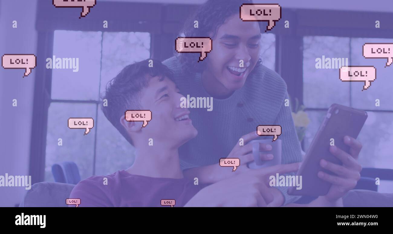 Image of lol text in speech bubbles over diverse male couple using ...