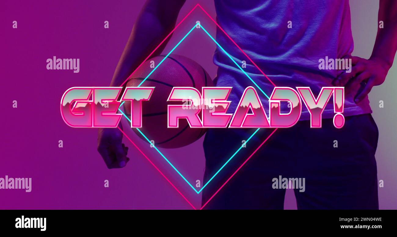 Image of get ready text over basketball player and neon diamonds Stock ...