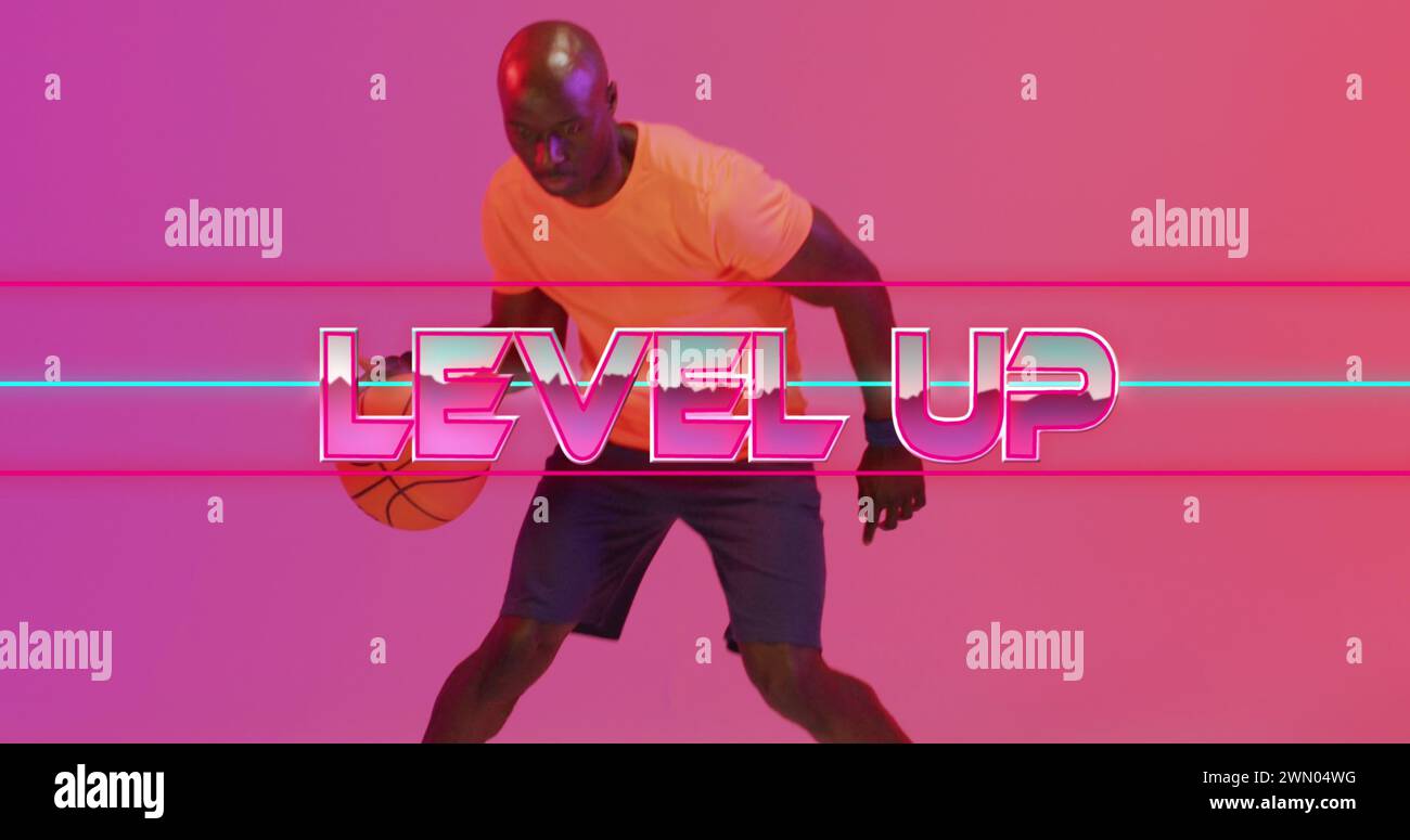 Image of level up text and neon lines over basketball player on neon ...