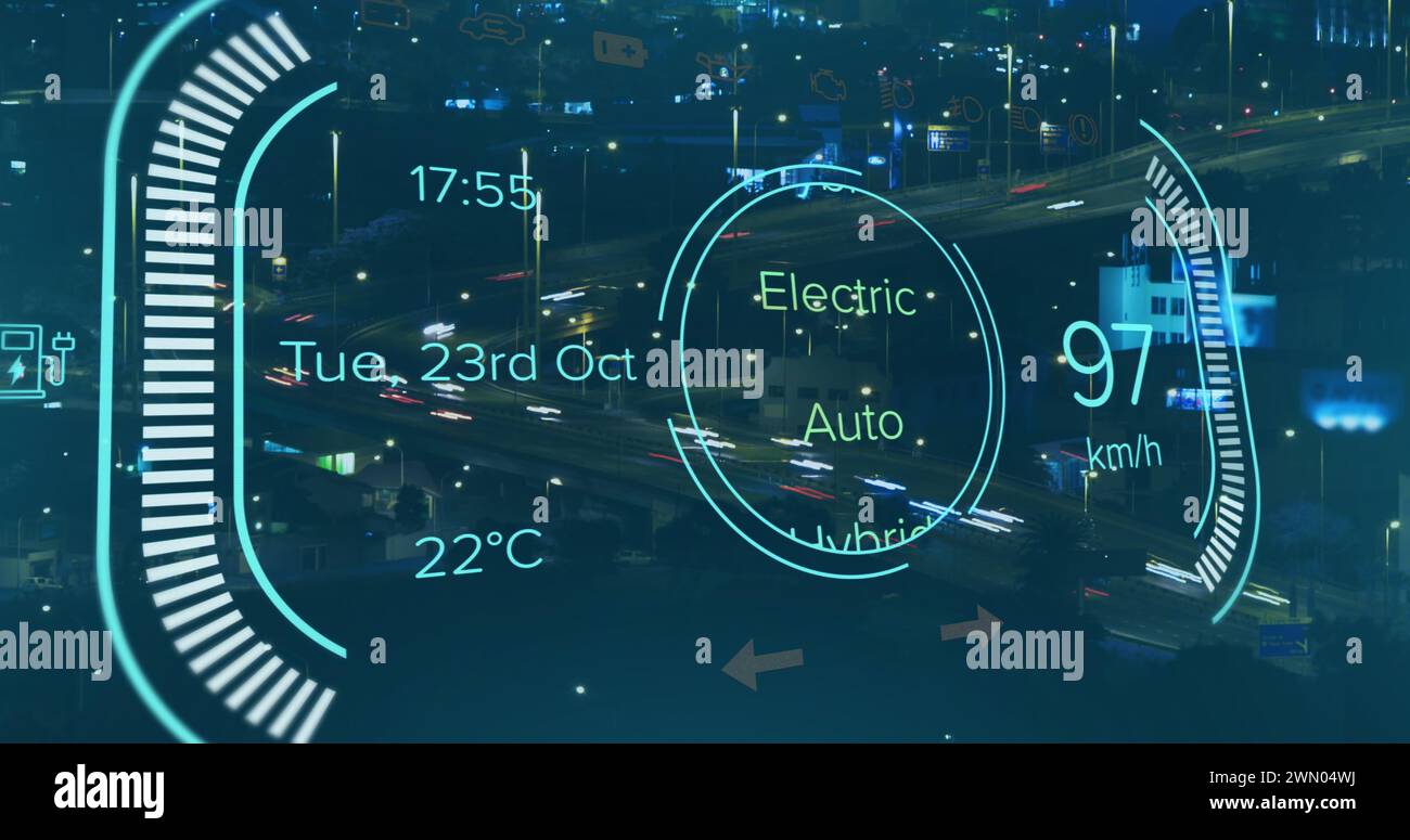 Image of electric car speedometer data processing over city Stock Photo ...