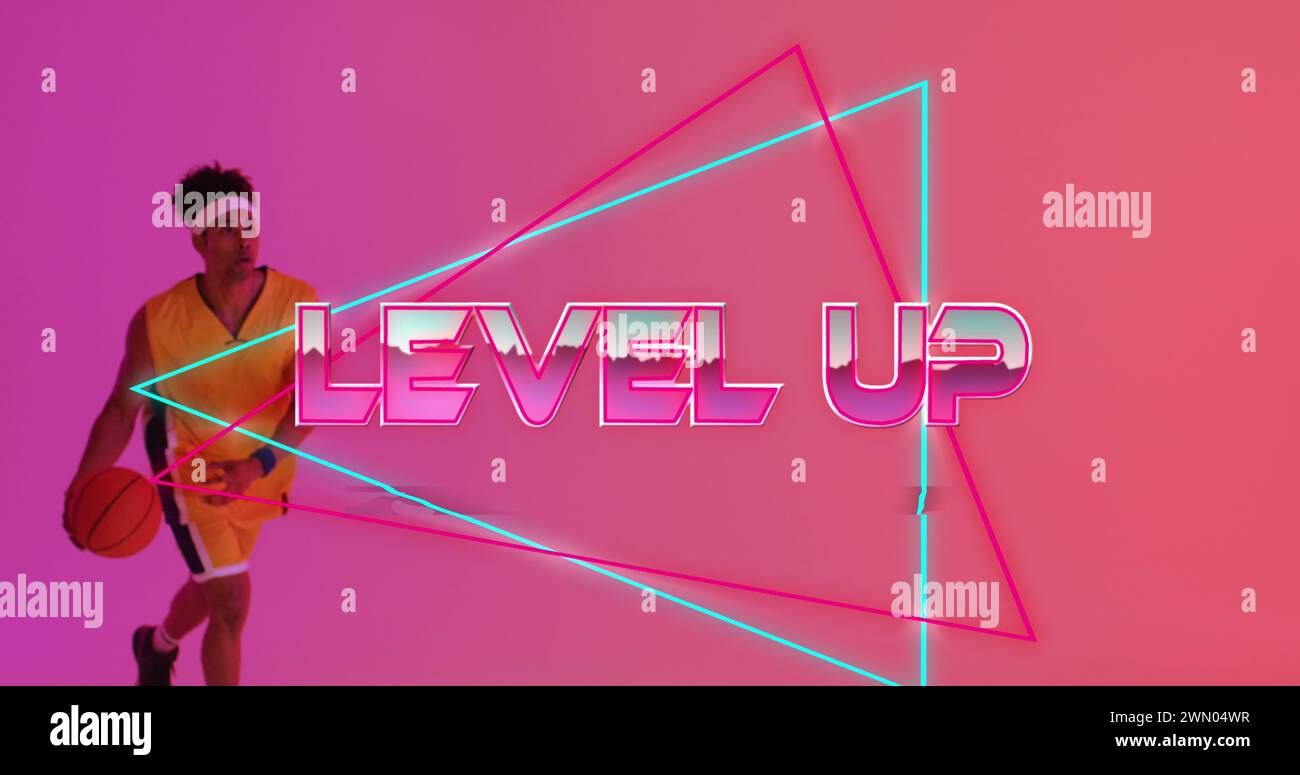 Image of level up text and neon lines over basketball player on neon ...