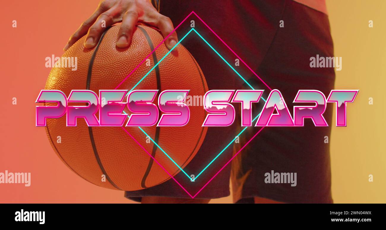 Image of press start text and neon lines over basketball player on neon ...