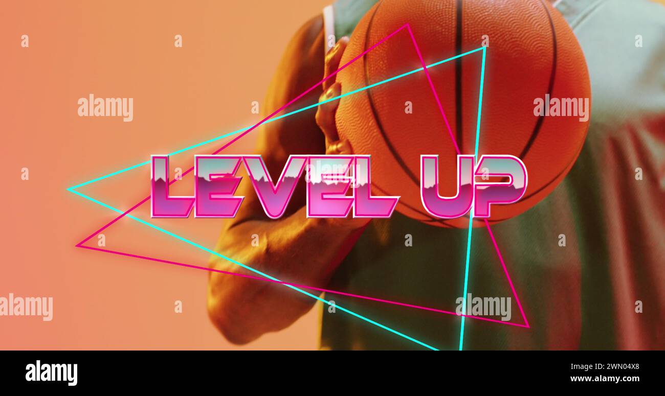 Image of level up text and neon lines over basketball player on neon ...
