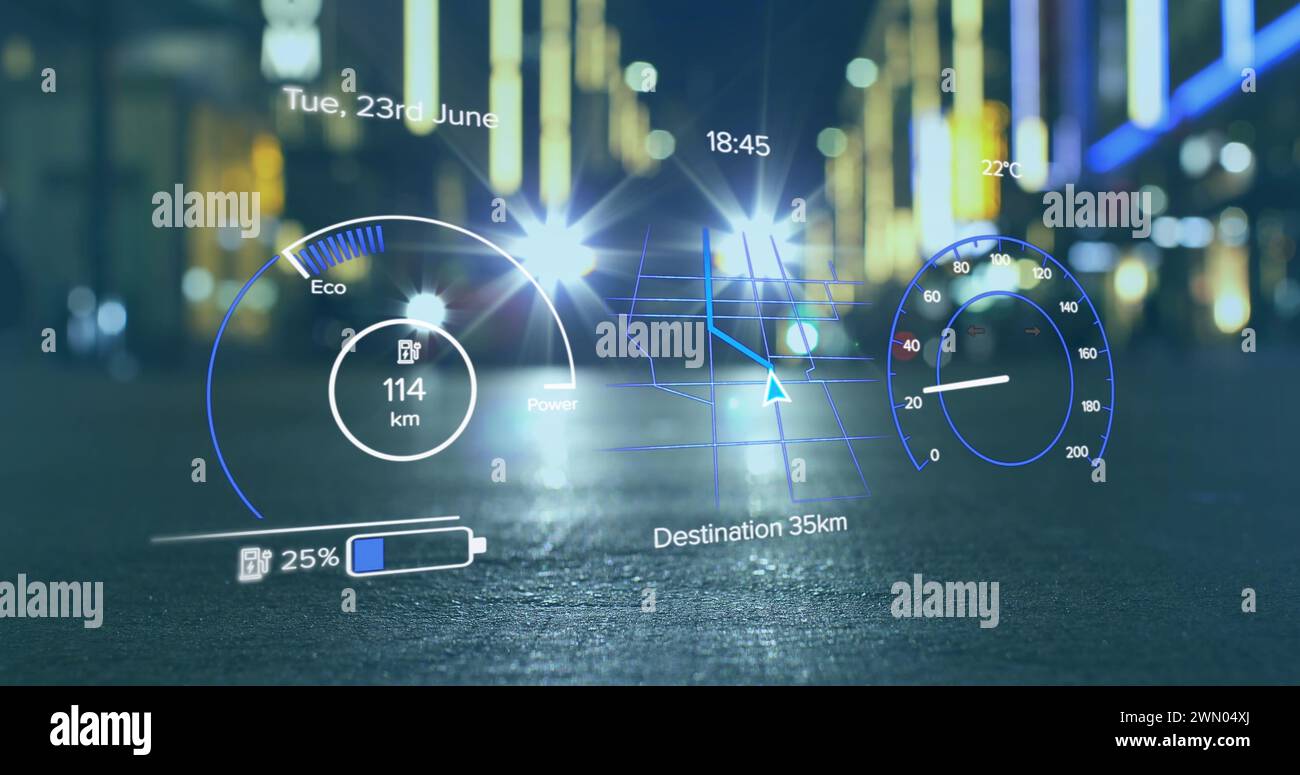 Image of electric car speedometer data processing over city Stock Photo ...