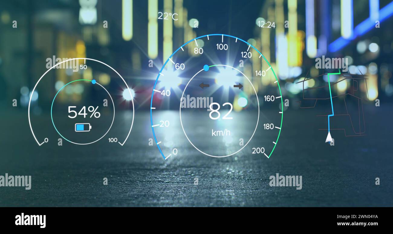 Image of electric car speedometer data processing over city Stock Photo ...