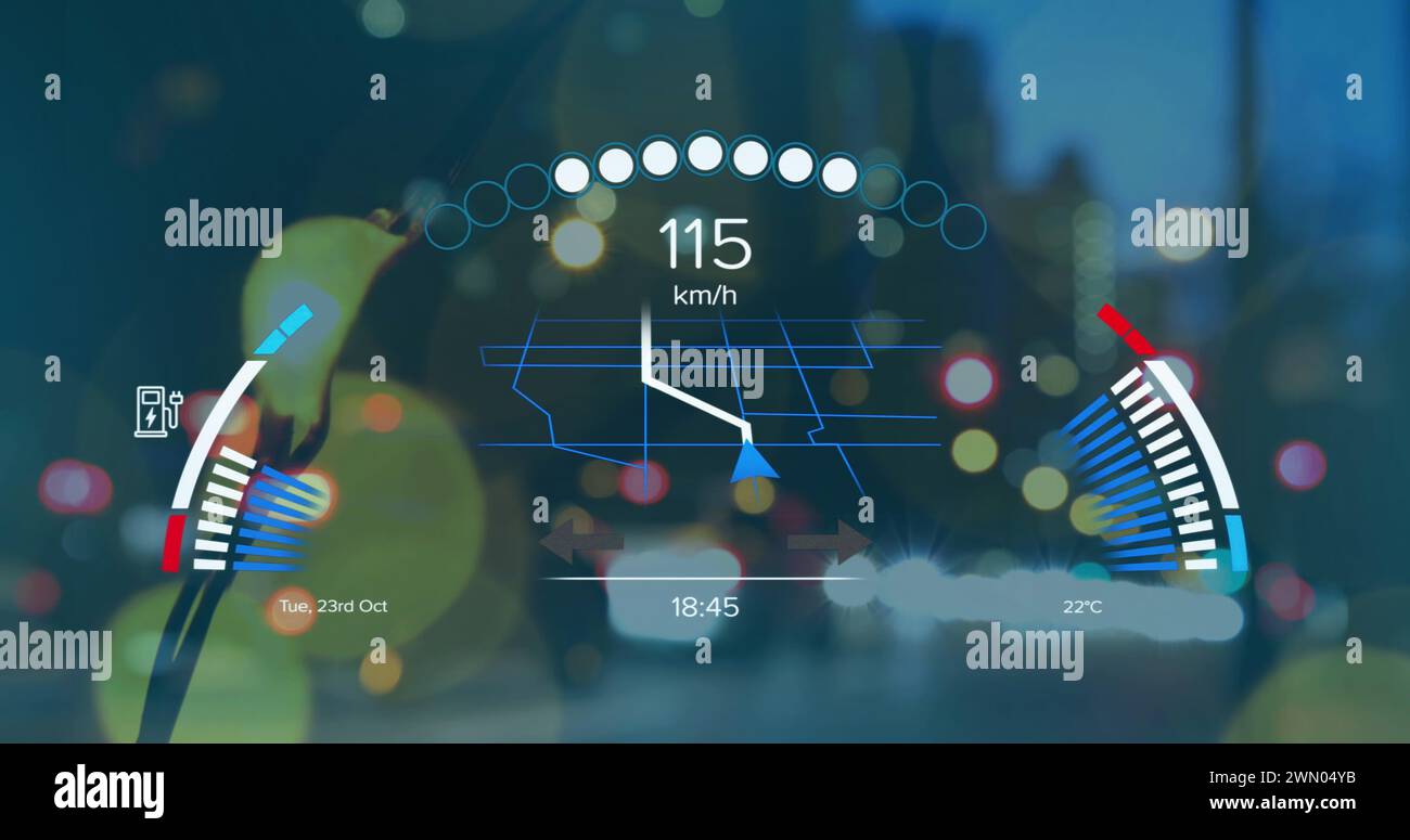 Image of electric car speedometer data processing over city Stock Photo ...