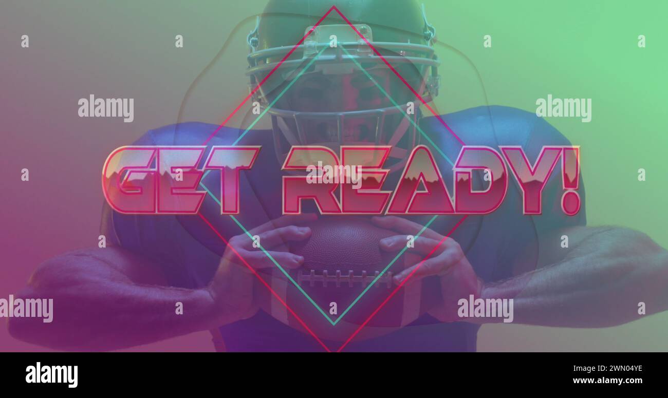 Image of get ready text over american football player and neon diamonds ...