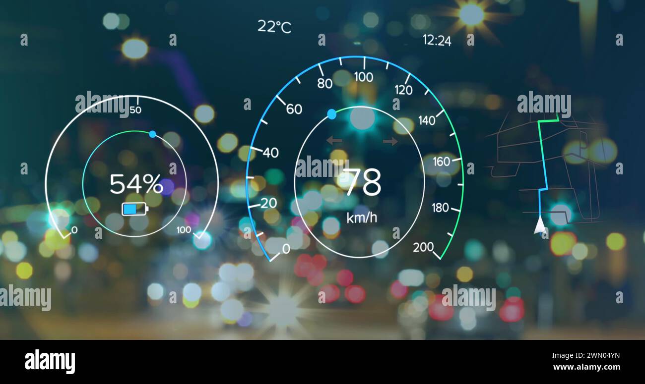 Image of electric car speedometer data processing over city Stock Photo ...
