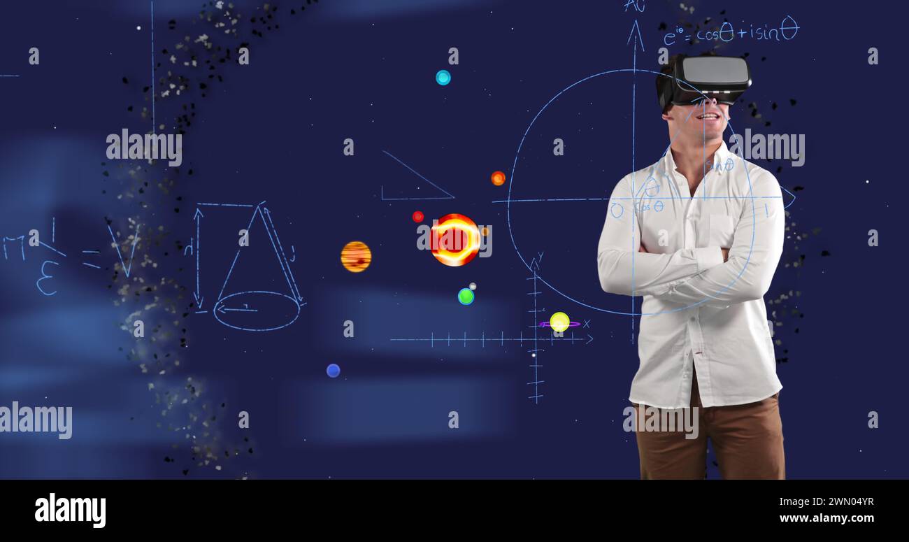 Image of mathematical equations and solar system floating over teacher ...