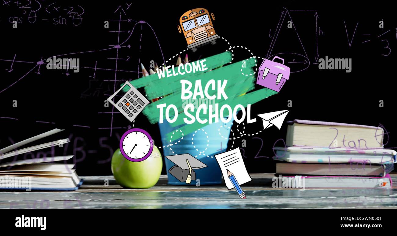 Back to school concept with digital math equations, pencils, apple, and ...