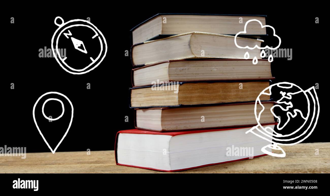 Image of school pictograms floating over books on black background ...