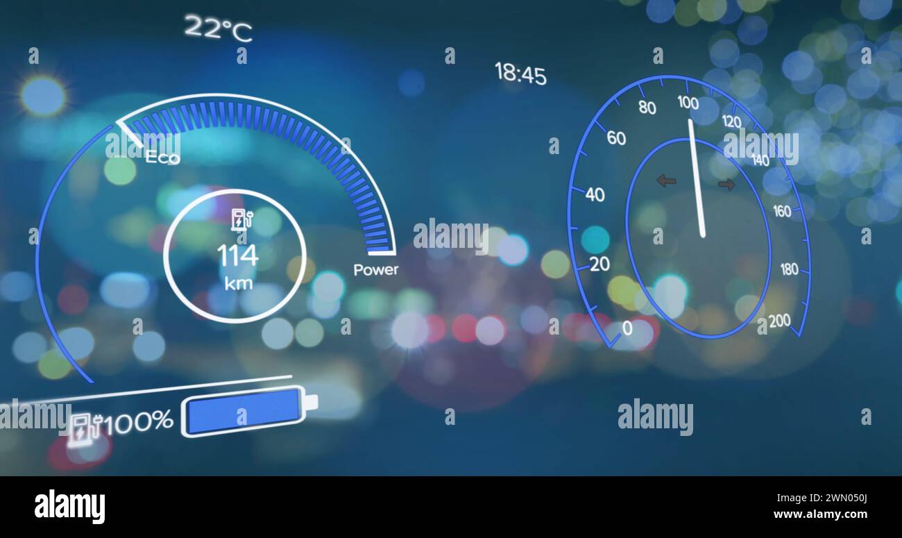 Image of electric car speedometer data processing over city Stock Photo ...