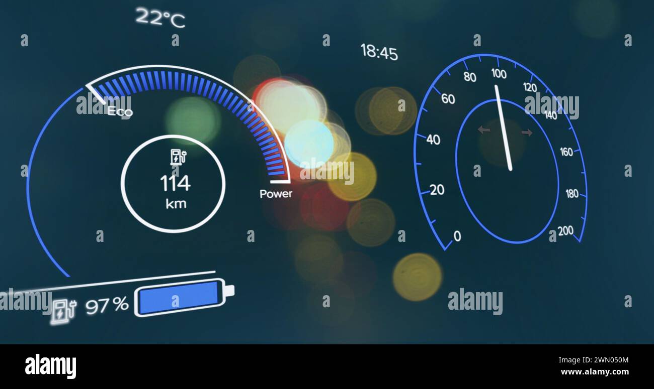 Image of electric car speedometer data processing over city Stock Photo ...