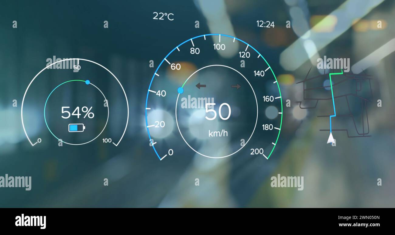 Image of electric car speedometer data processing over city Stock Photo ...