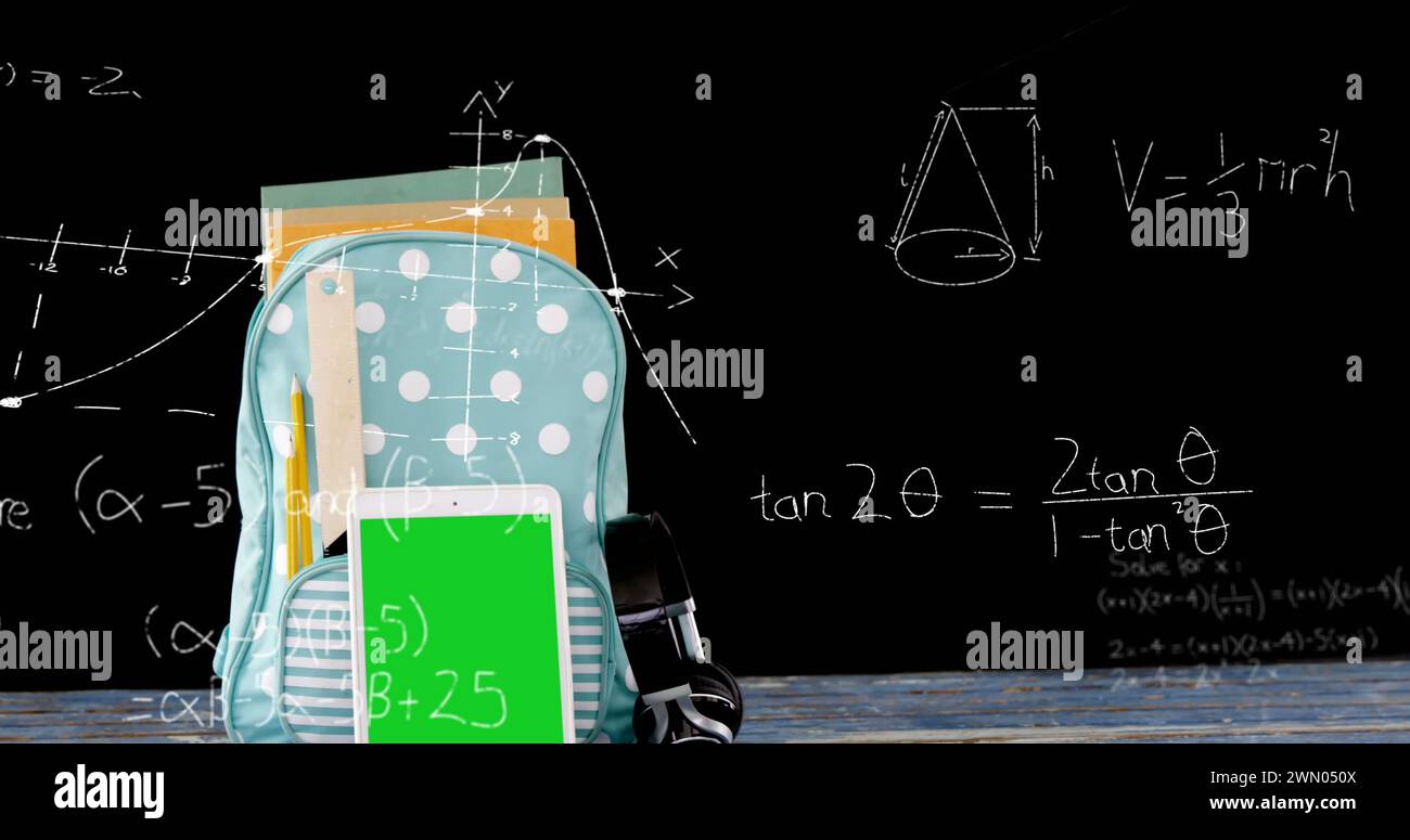 Image of mathematical equations floating over backpack with notebooks ...