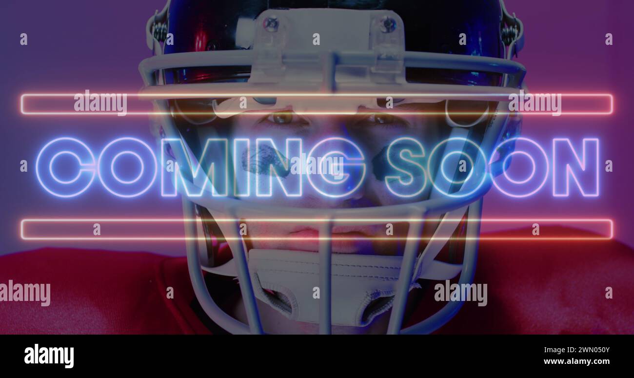 Image of coming soon text and neon shapes over american football player ...