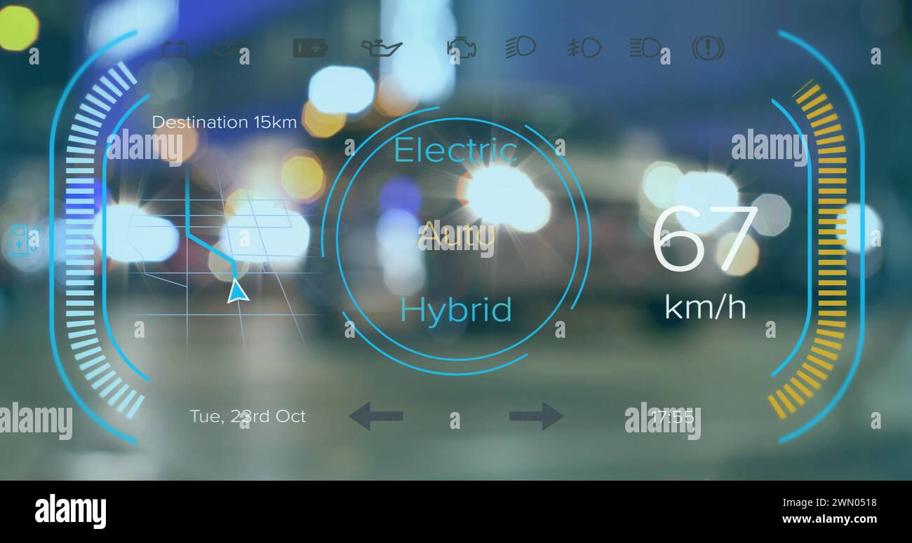 Image of electric car speedometer data processing over city Stock Photo ...