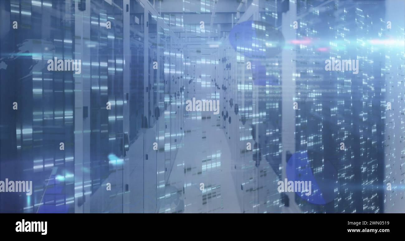 Image Of Blue Light Spot And Screens Of Mosaic Squares Against Computer